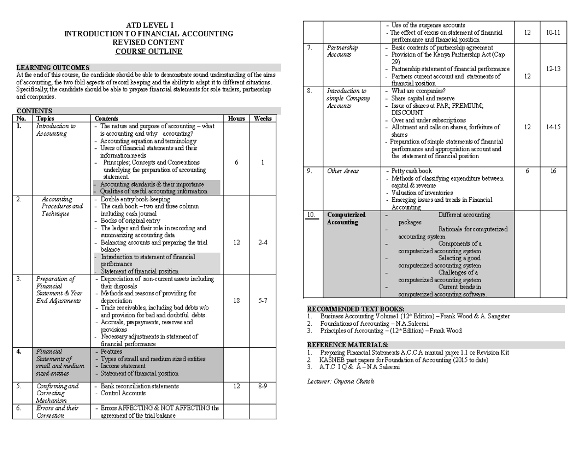 Course Outline - ATD 1 - Introduction to Financial Accounting - Studocu