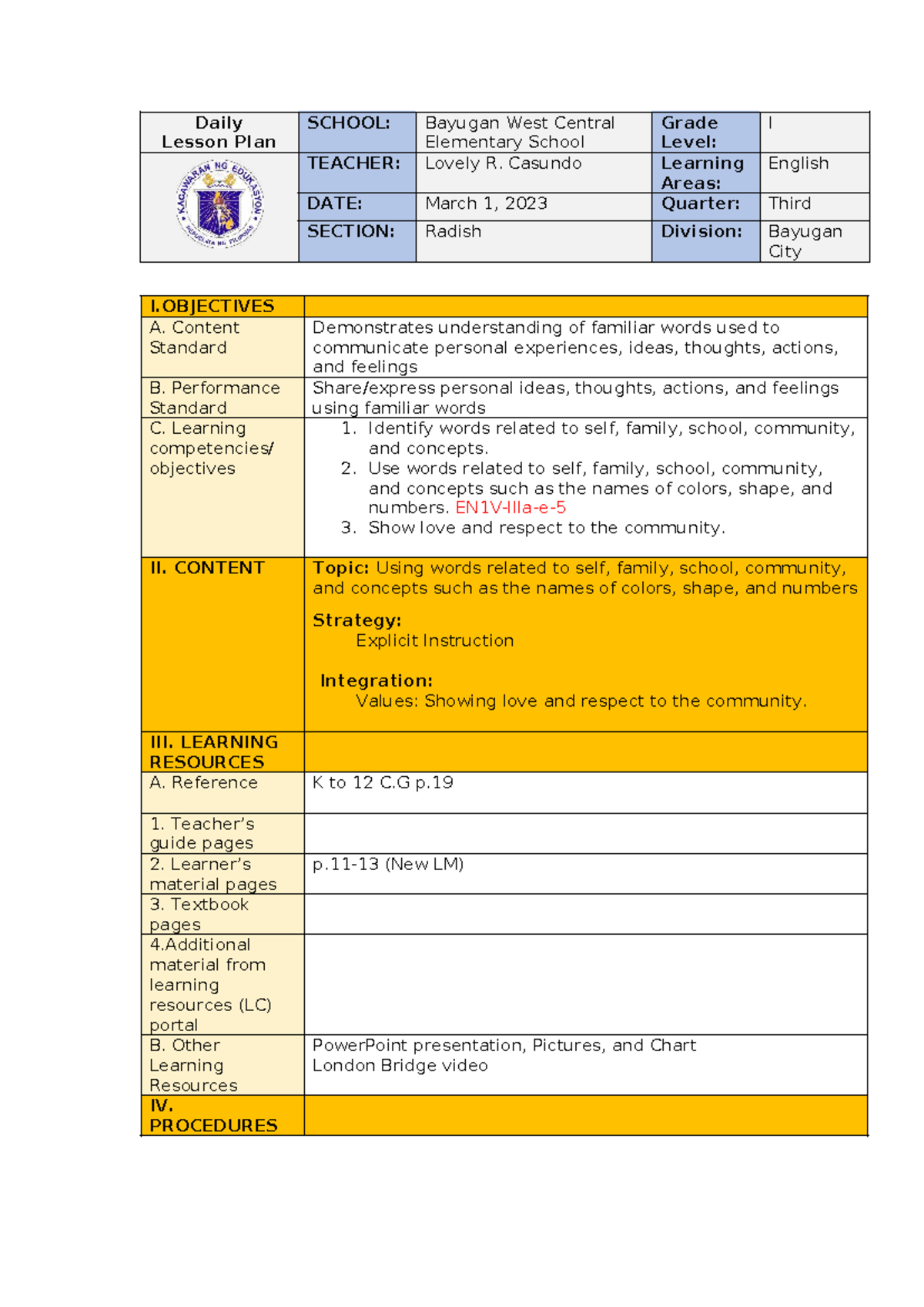 DLP English 1: Daily Lesson Plan on Community and Vocabulary - Studocu