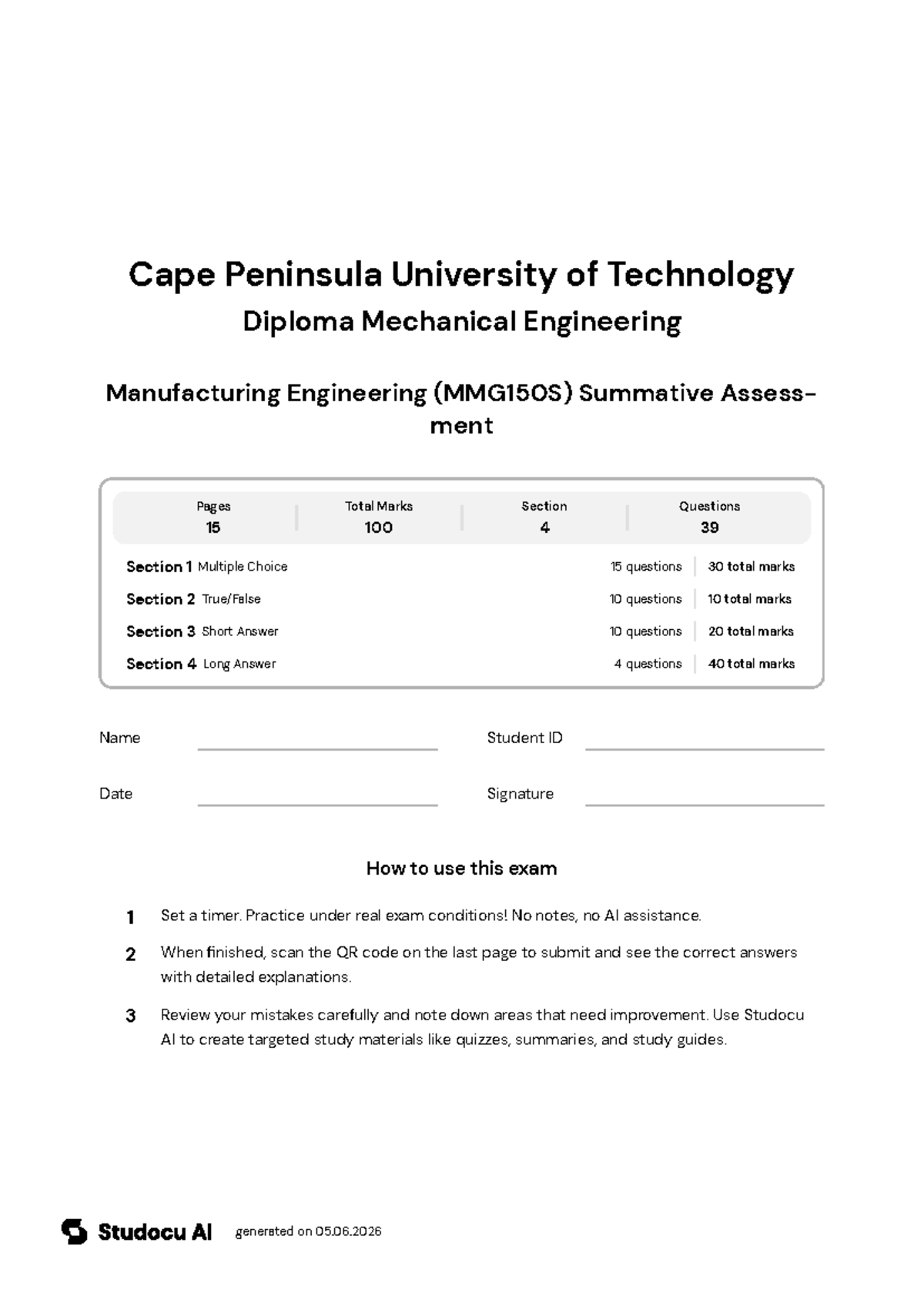 MMG150S Manufacturing Engineering Final Exam - Studocu