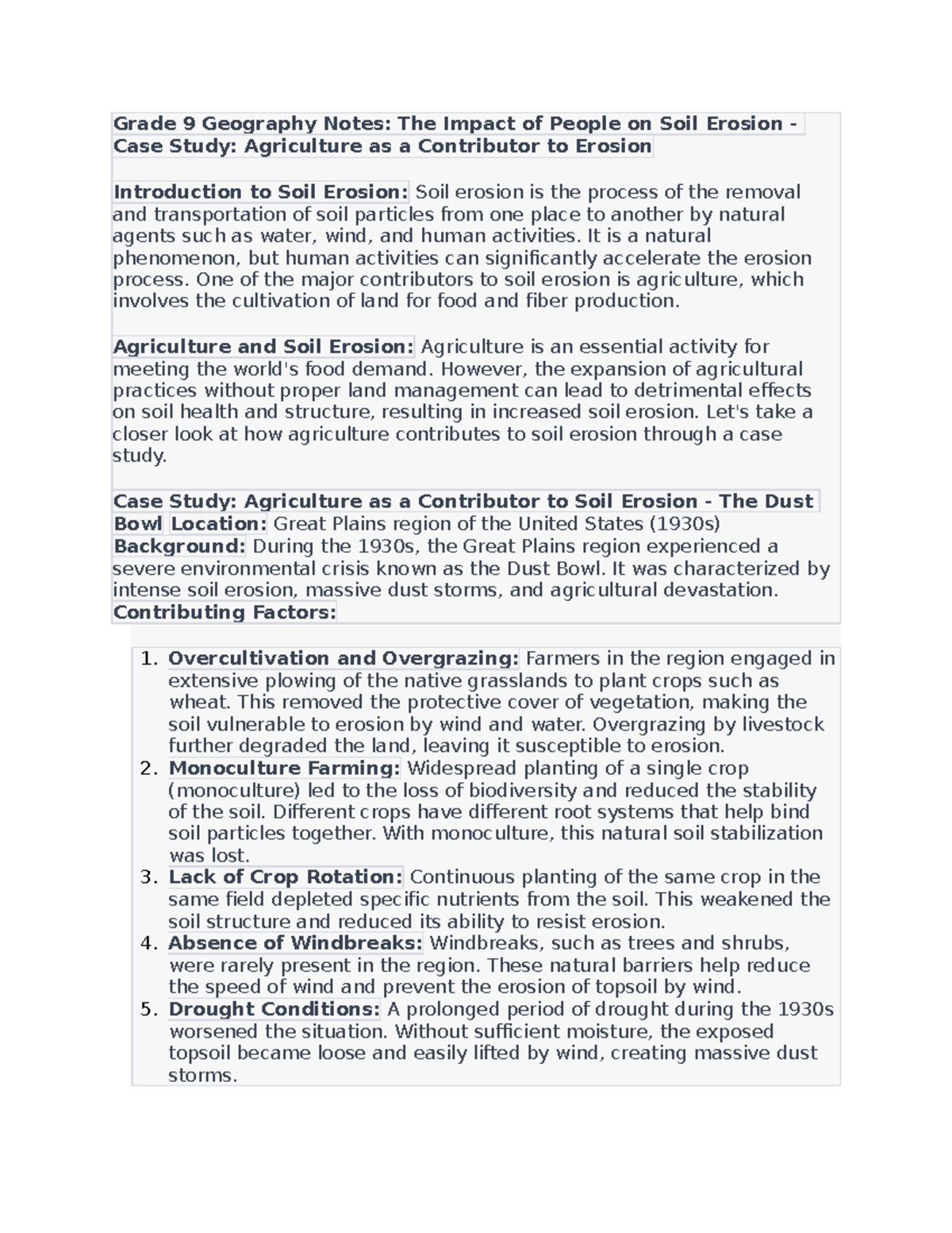 Grade 9 Case Study: The Impact of Agriculture on Soil Erosion - Studocu