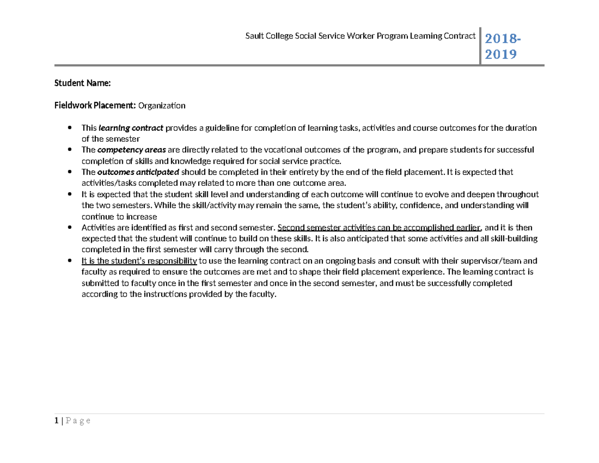 Sault College SSW Program Learning Contract 2018-2019: Fieldwork ...