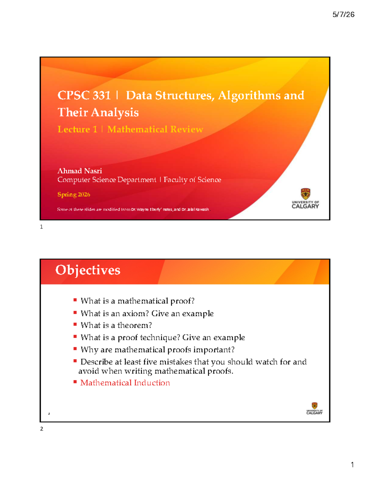CPSC 331 Lecture 1: Mathematical Proofs and Induction Review Notes ...