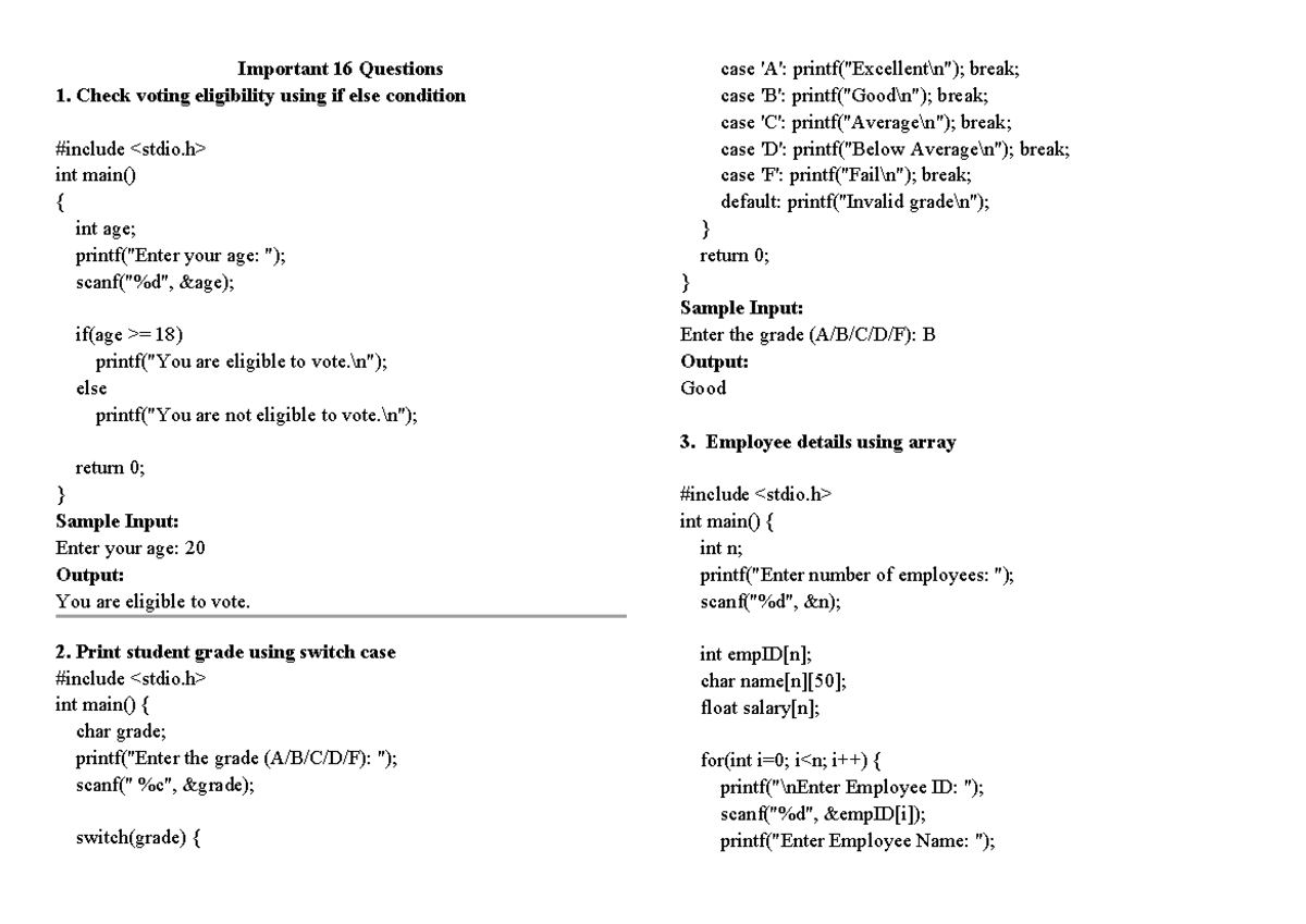 C Programming: Important 16 Questions for 2 Marks & 16 Marks - Studocu