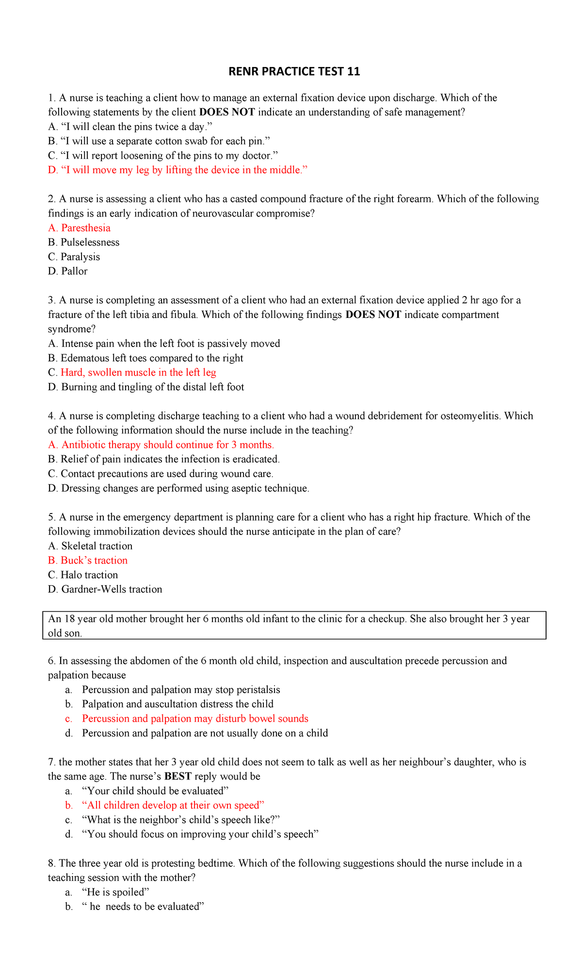 RENR Final Practice Test 11: Nursing Assessment & Interventions - Studocu