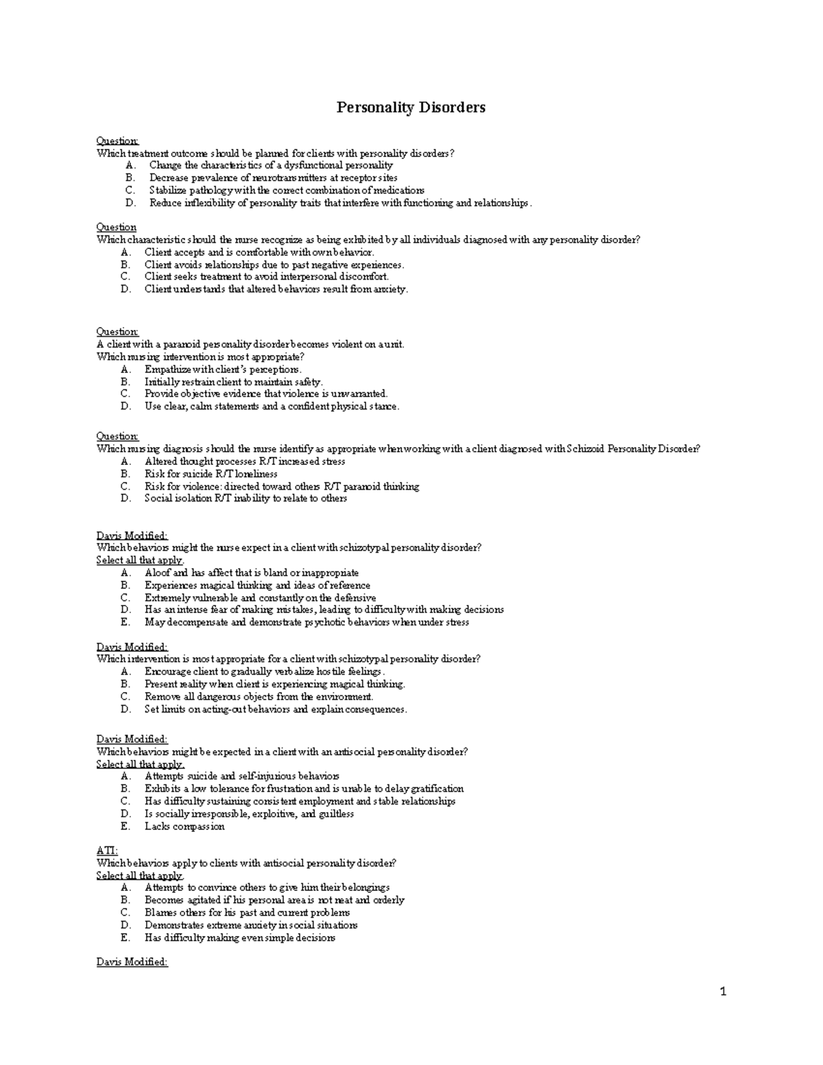 Personality Disorders: Study Guide with Key Questions & Answers - Studocu