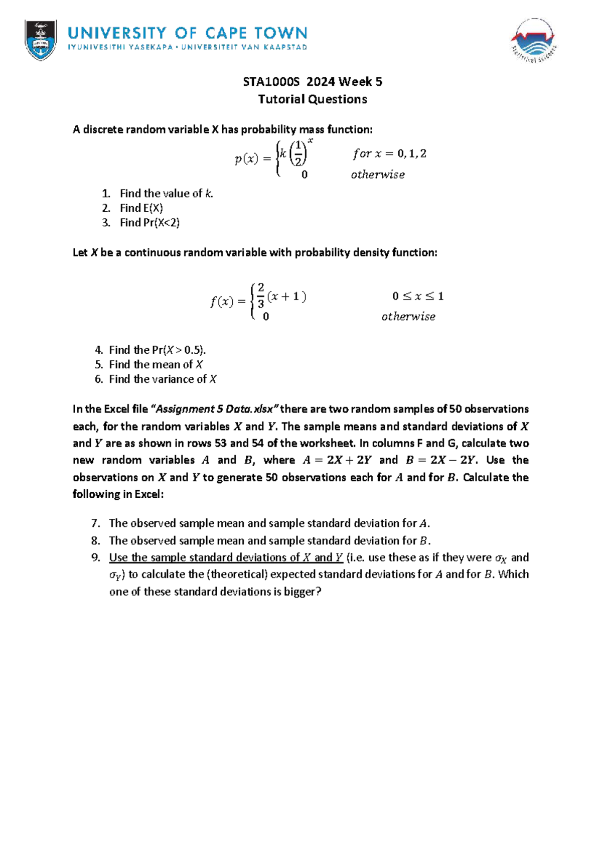 STA1000S 2024 Week 5 Tutorial Questions on Random Variables - Studocu
