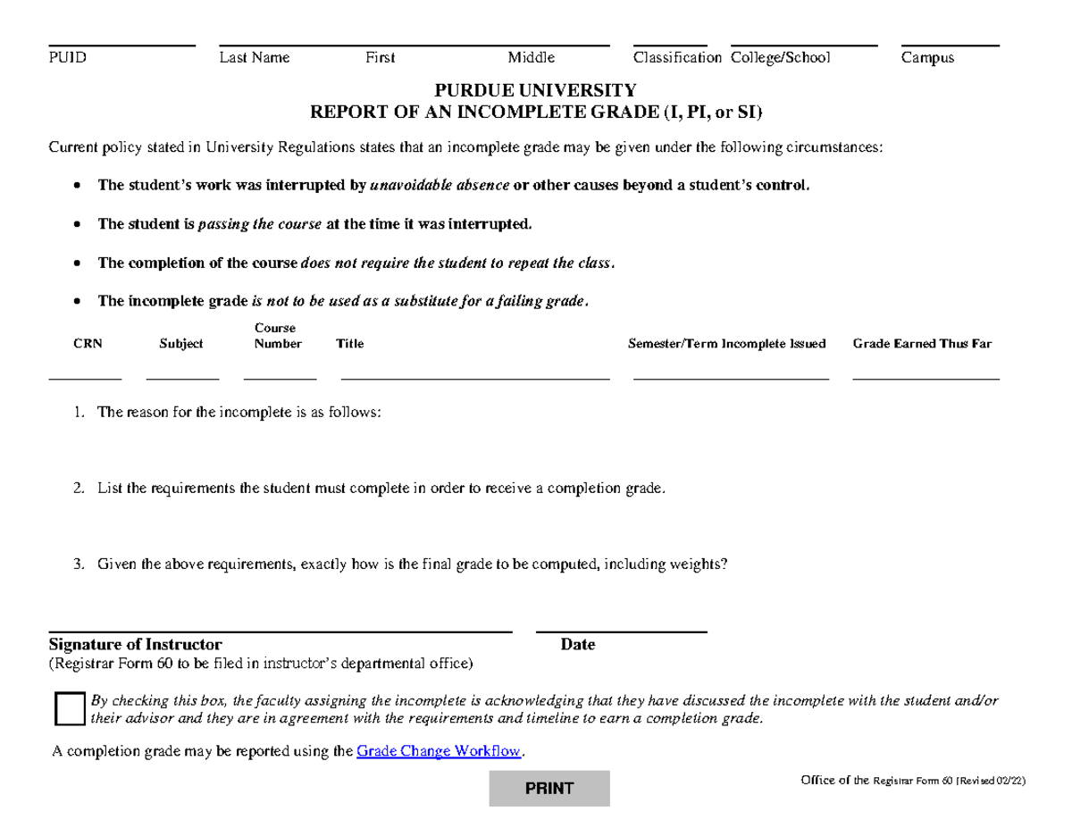 PUID Incomplete Grade Report Form 60 - Purdue University - Studocu