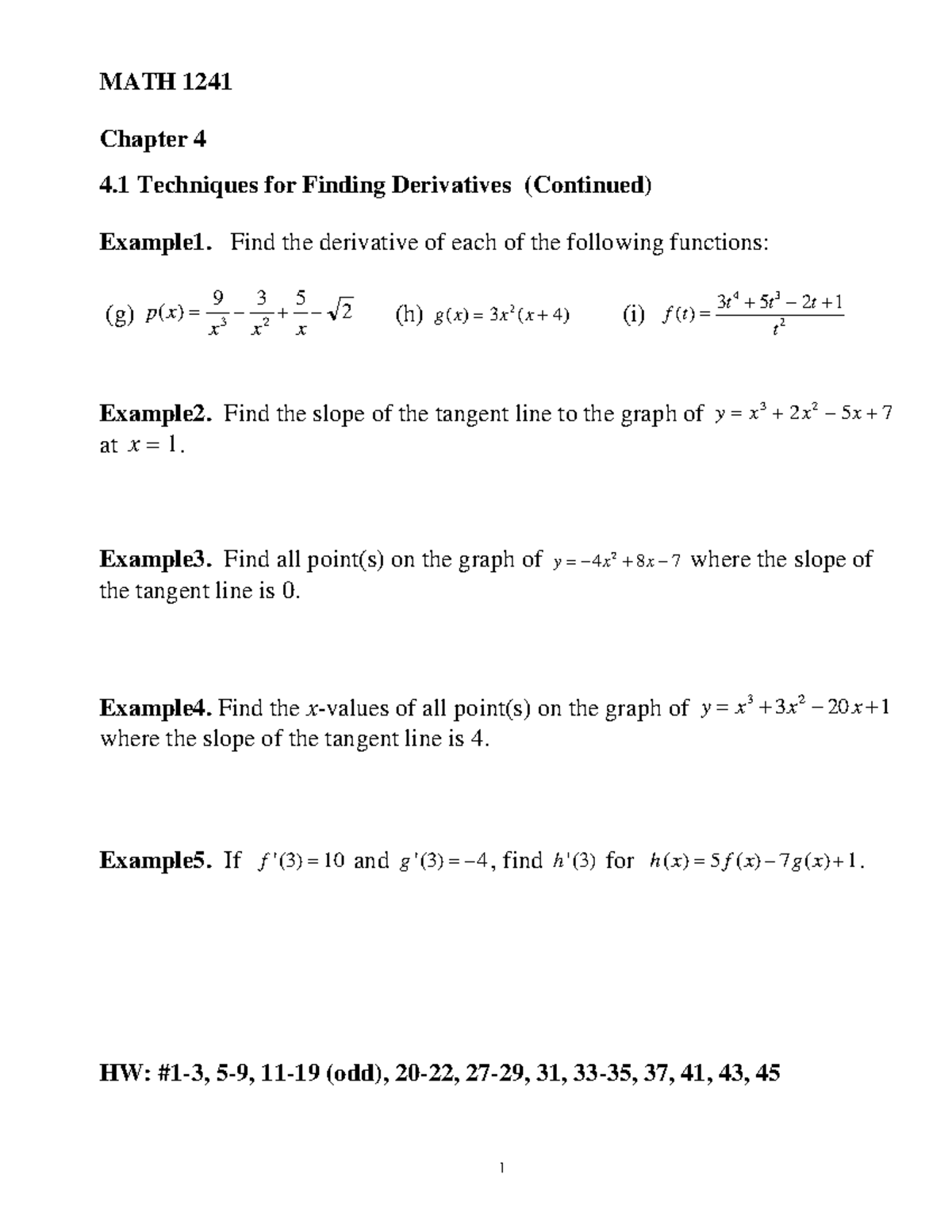 MATH 1241 Chapter 4: Techniques for Finding Derivatives Notes - Studocu