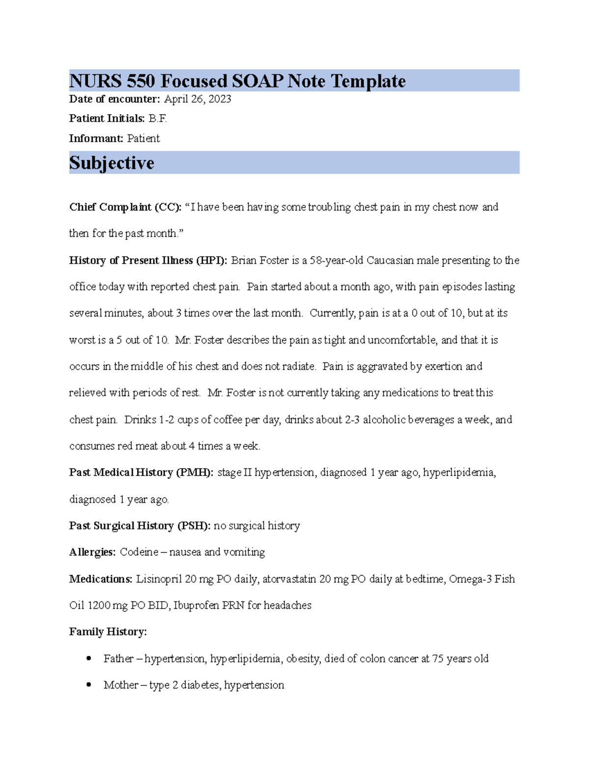 NURS 550 Chest Pain Focused SOAP Note and Assessment - Studocu