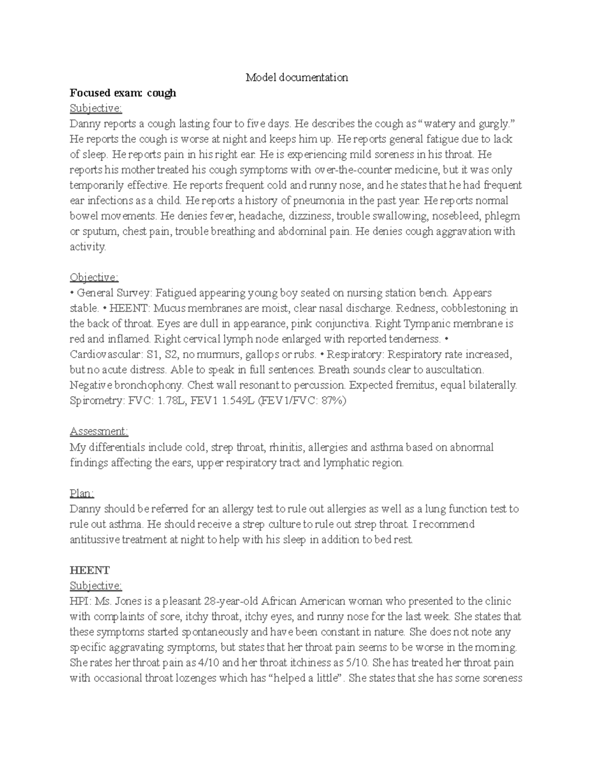 SH Focused Cough Exam Documentation: Clinical Notes and Assessment ...