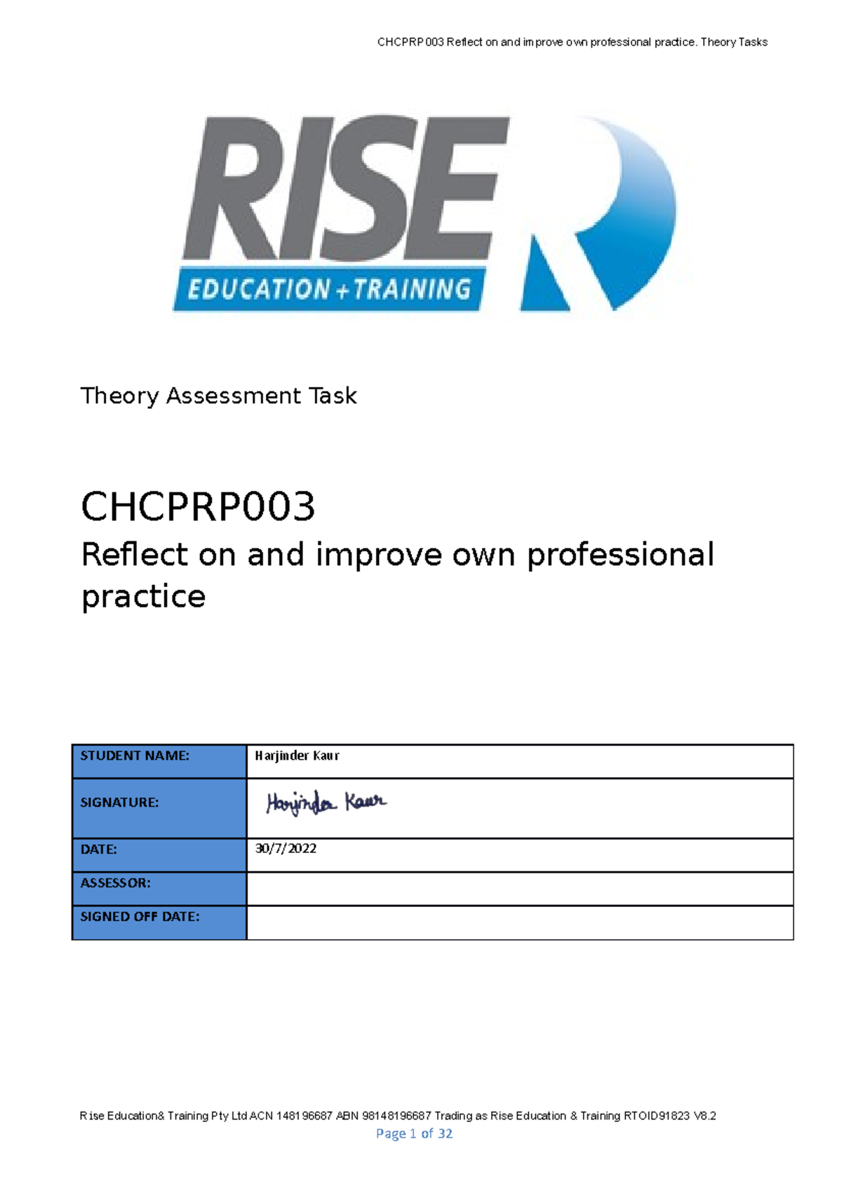 Chcprp 003 Theory paper v8.2 - Theory Assessment Task CHCPRP Reflect on and improve own ...