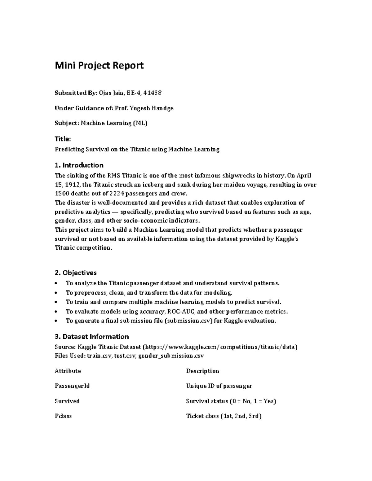 ML Mini Project Report: Predicting Titanic Survival Using ML - Studocu