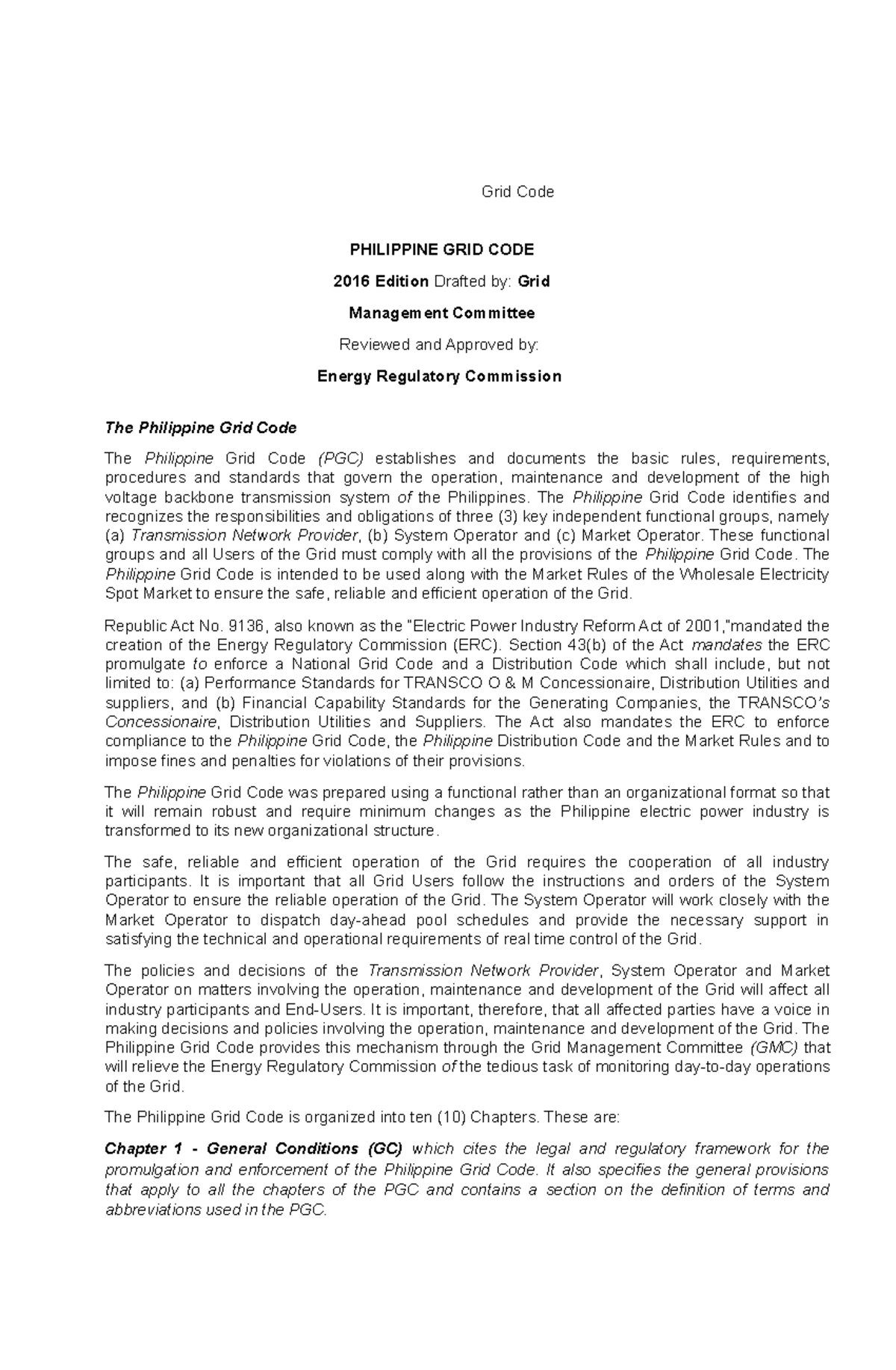 PHILIPPINE GRID CODE - Lecture Notes Overview (2016 Edition) - Studocu