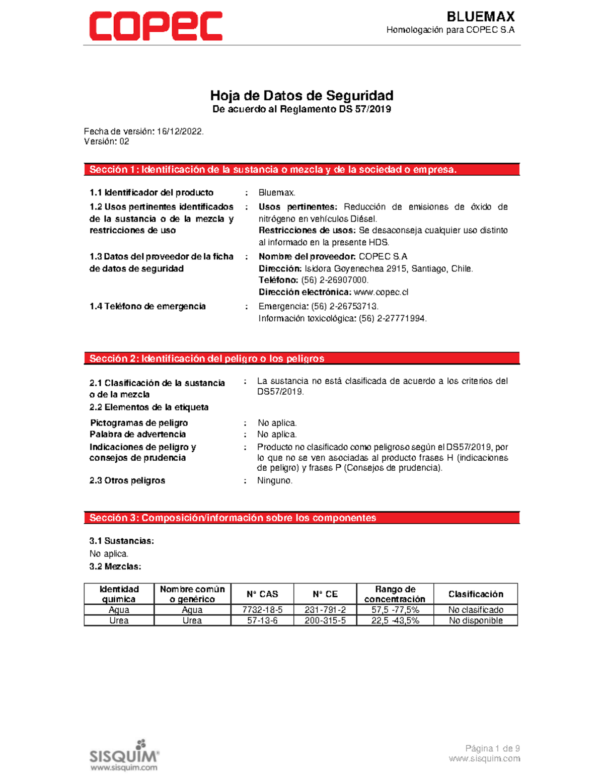 Hoja de Datos de Seguridad de Bluemax para COPEC S.A - Versión 02 - Studocu