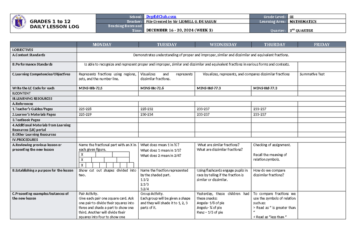 DLL Mathematics 3 Q3 W3 - mkllkpol - GRADES 1 to 12 DAILY LESSON LOG School: DepEdClub Grade ...