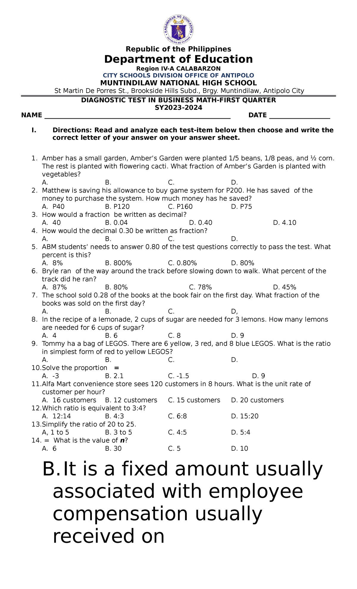 Diagnostic Test in Business Math - First Quarter (SY2023) - Studocu