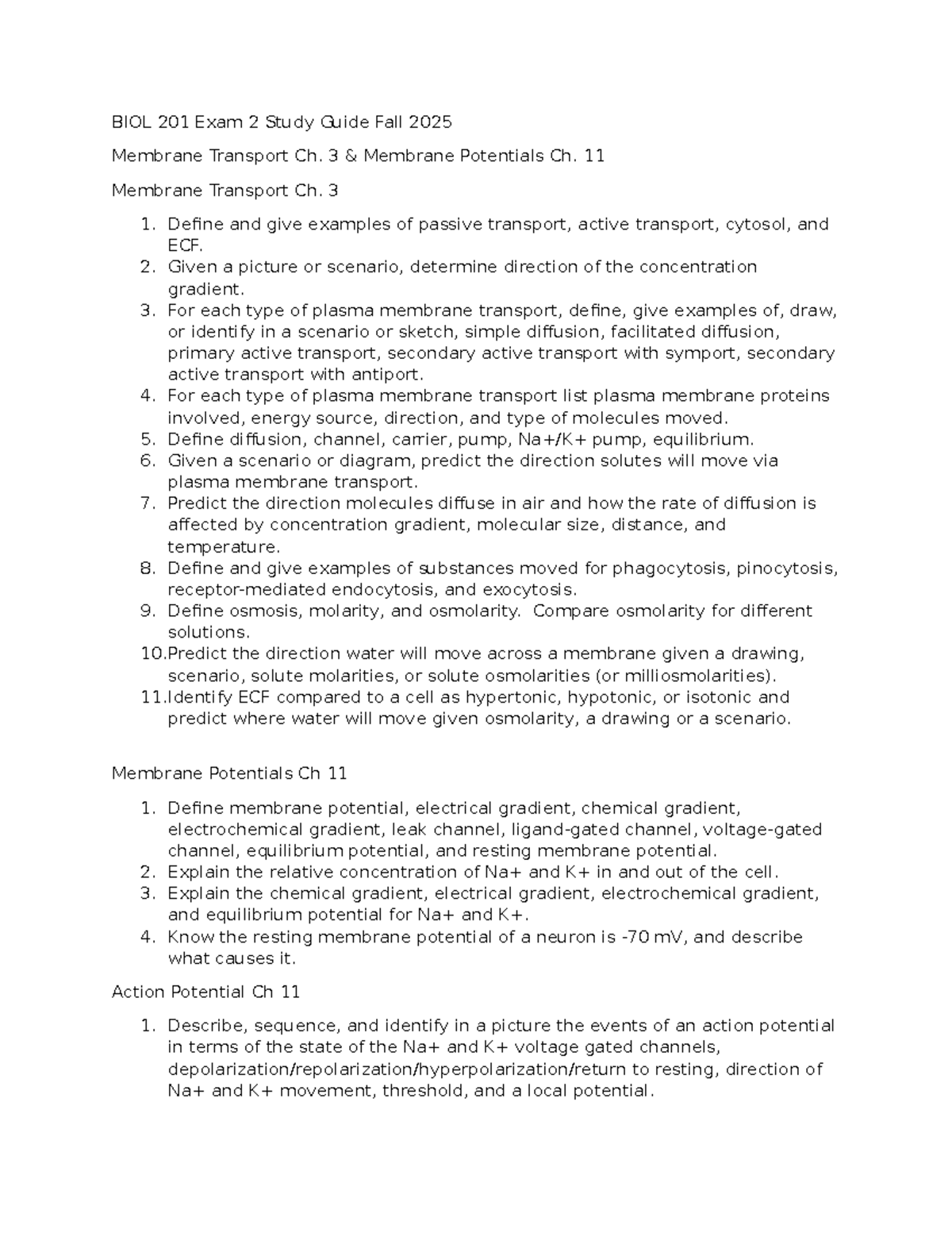 BIOL 201 Exam 2 Study Guide: Membrane Transport & Potentials - Studocu