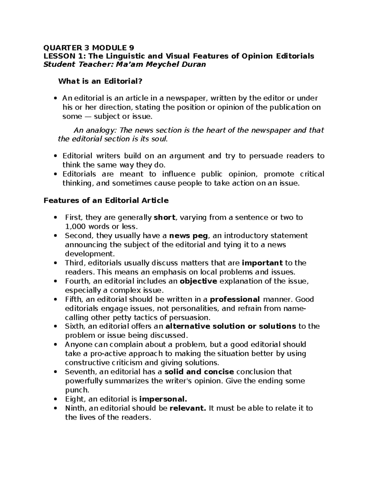 Grade 8 Quarter 3 Module 9 & 11: Editorials & Cartoons Lessons - Studocu