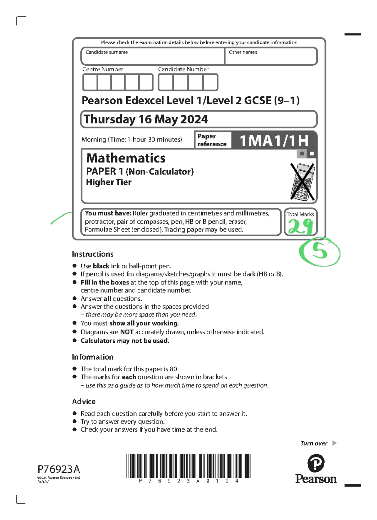 Mathematics Paper 1 Higher Tier Exam Details - GCSE 1H May 2024 - Studocu