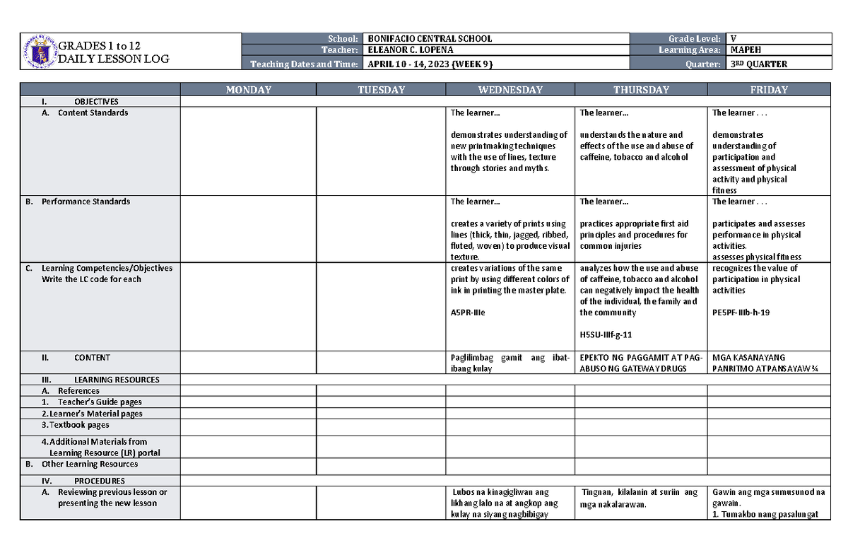DLL MAPEH 5 Q3 W9 - Detailed Daily Lesson Log for April 2023 - Studocu