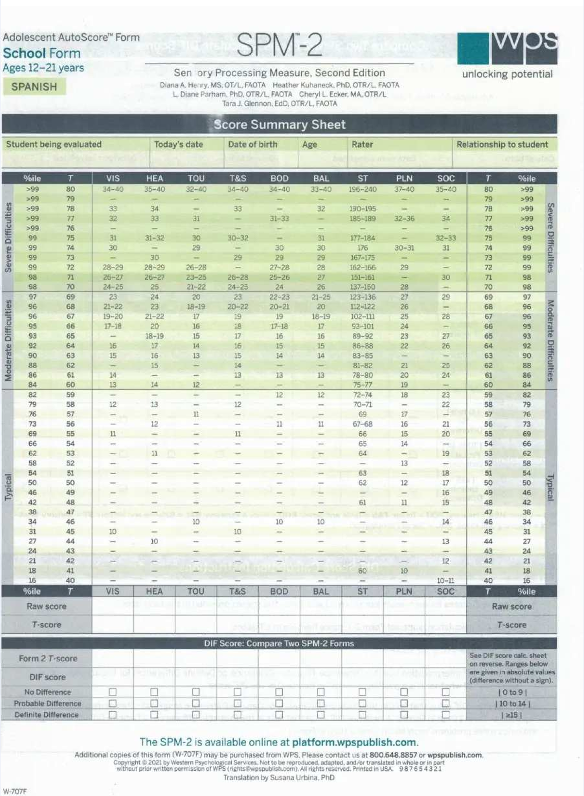 Adolescent School Form (Spanish) - Sensory Processing Measure - Studocu