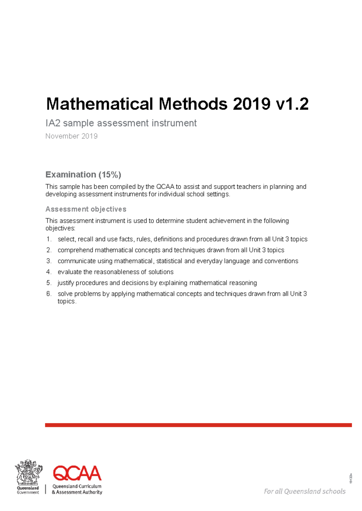 Mathematical Methods Unit 3 IA2 Sample Exam - QCAA November 2019 - Studocu