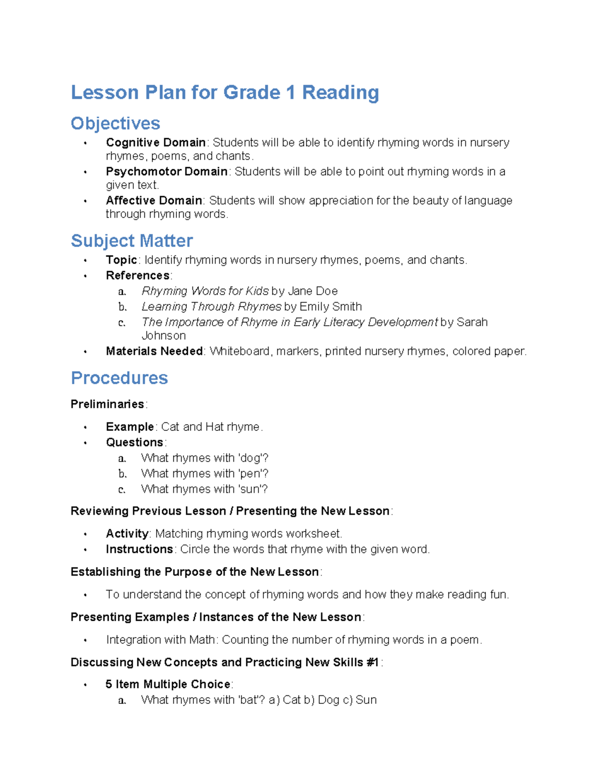 **Grade 1 Lesson Plan: Identifying Rhyming Words in Poems & Chants ...