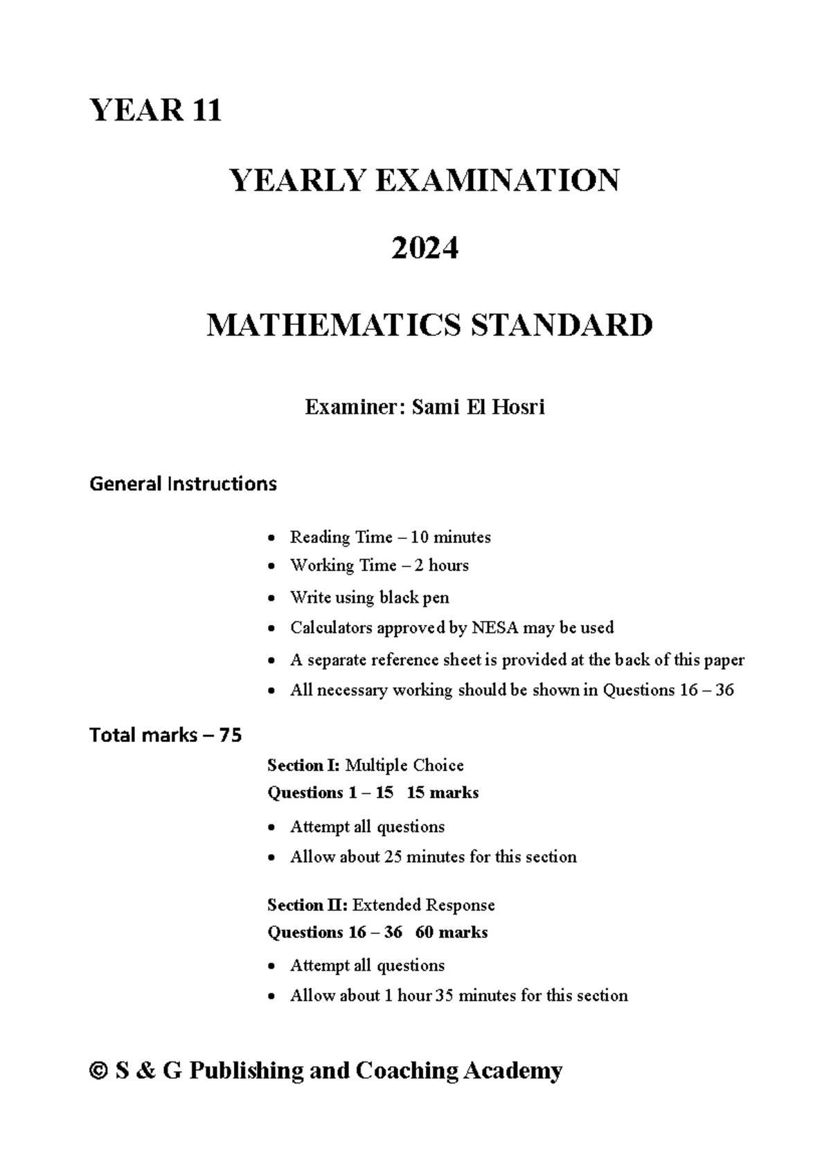 2024 Year 11 Mathematics Standard Yearly Exam Paper - Studocu