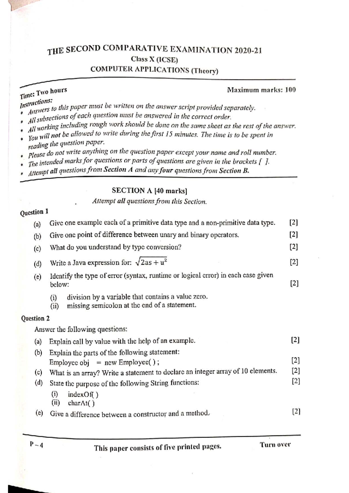 Class X 2nd Comparative Exam (ICSE) - Computer Applications - Studocu
