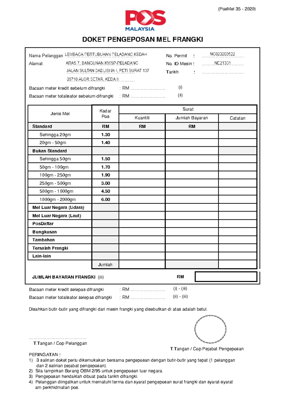Borang Doket Pengeposan Mel Franking 2020 (PosMel 35) - Studocu