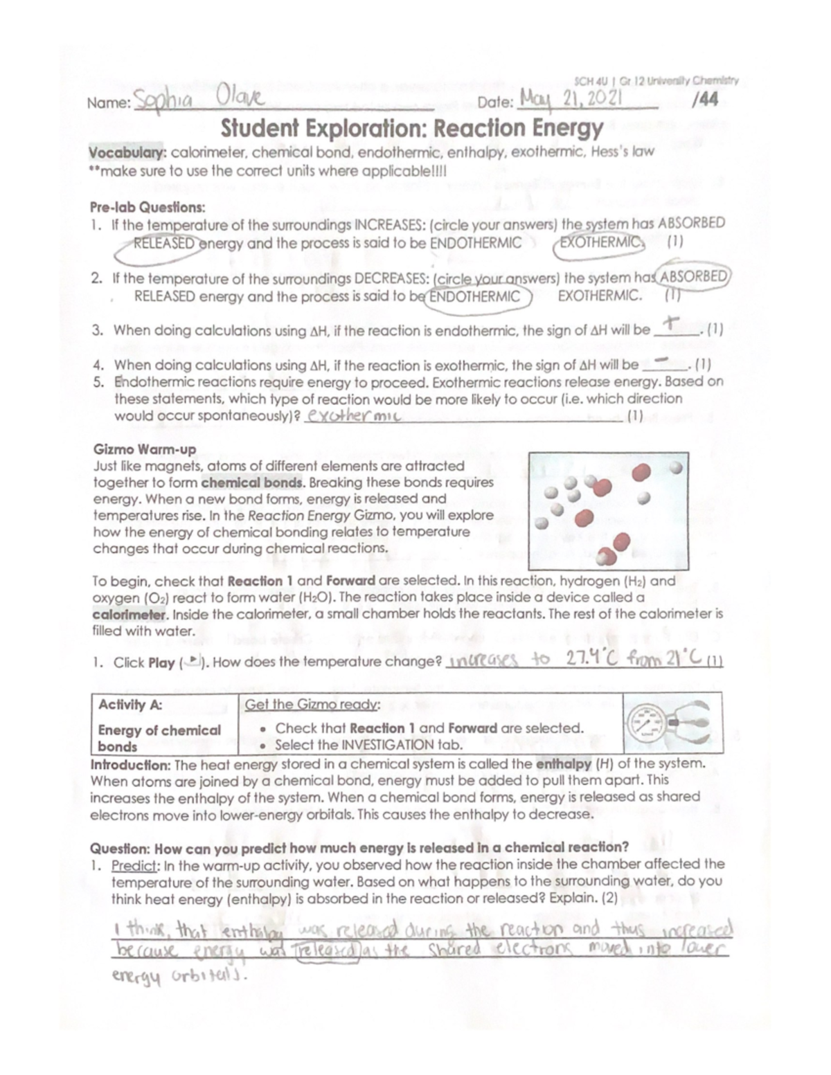 Reaction Energy Gizmos - SCH 4U I Gr 12 University Chemistry Name ...