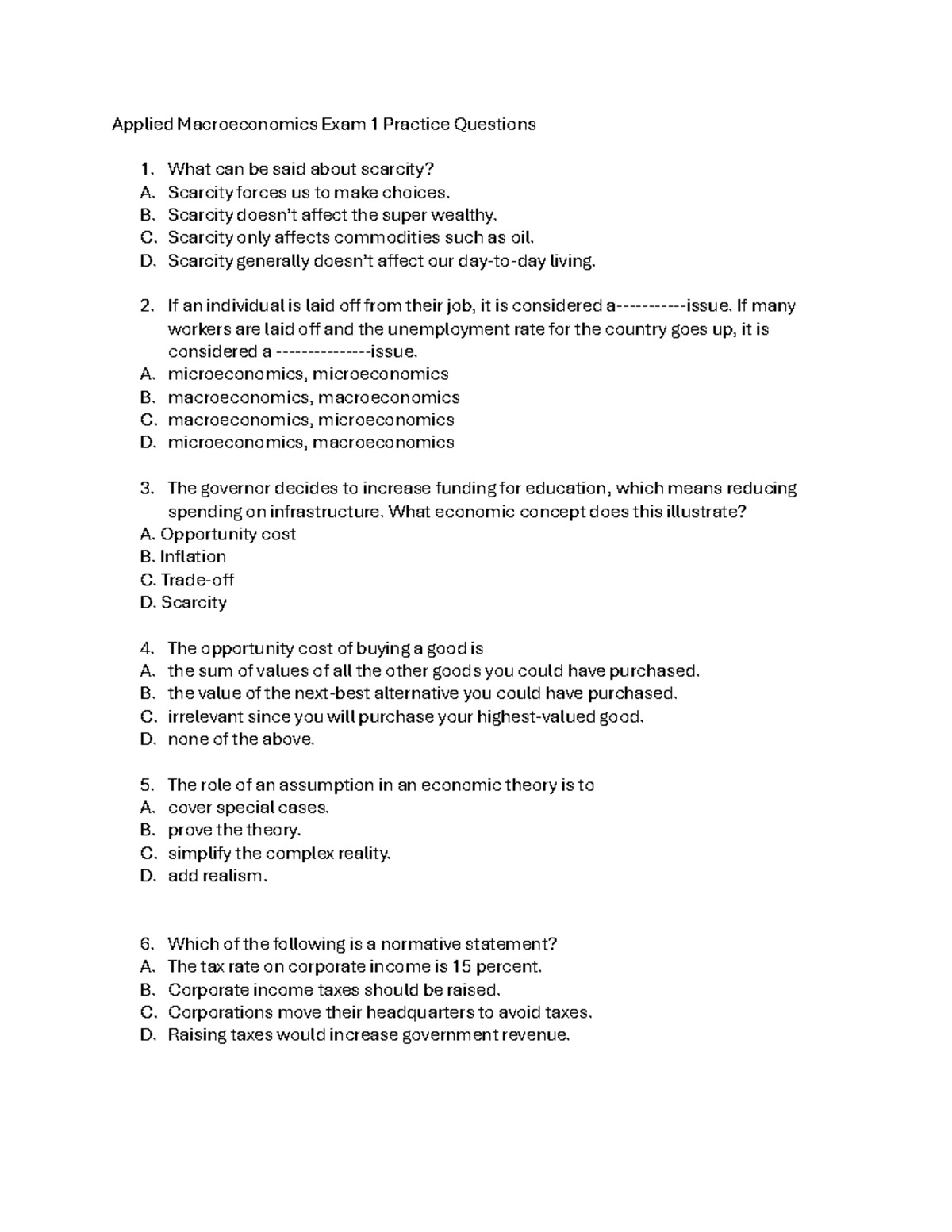 Applied Macroeconomics Exam 1: Practice Questions & Answers - Studocu