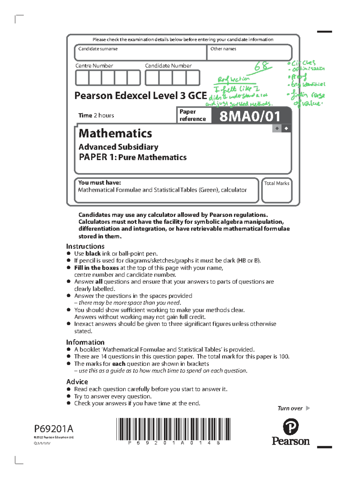 2206 8MA0-01 AS Pure Mathematics - Exam Paper May 2022 - Studocu