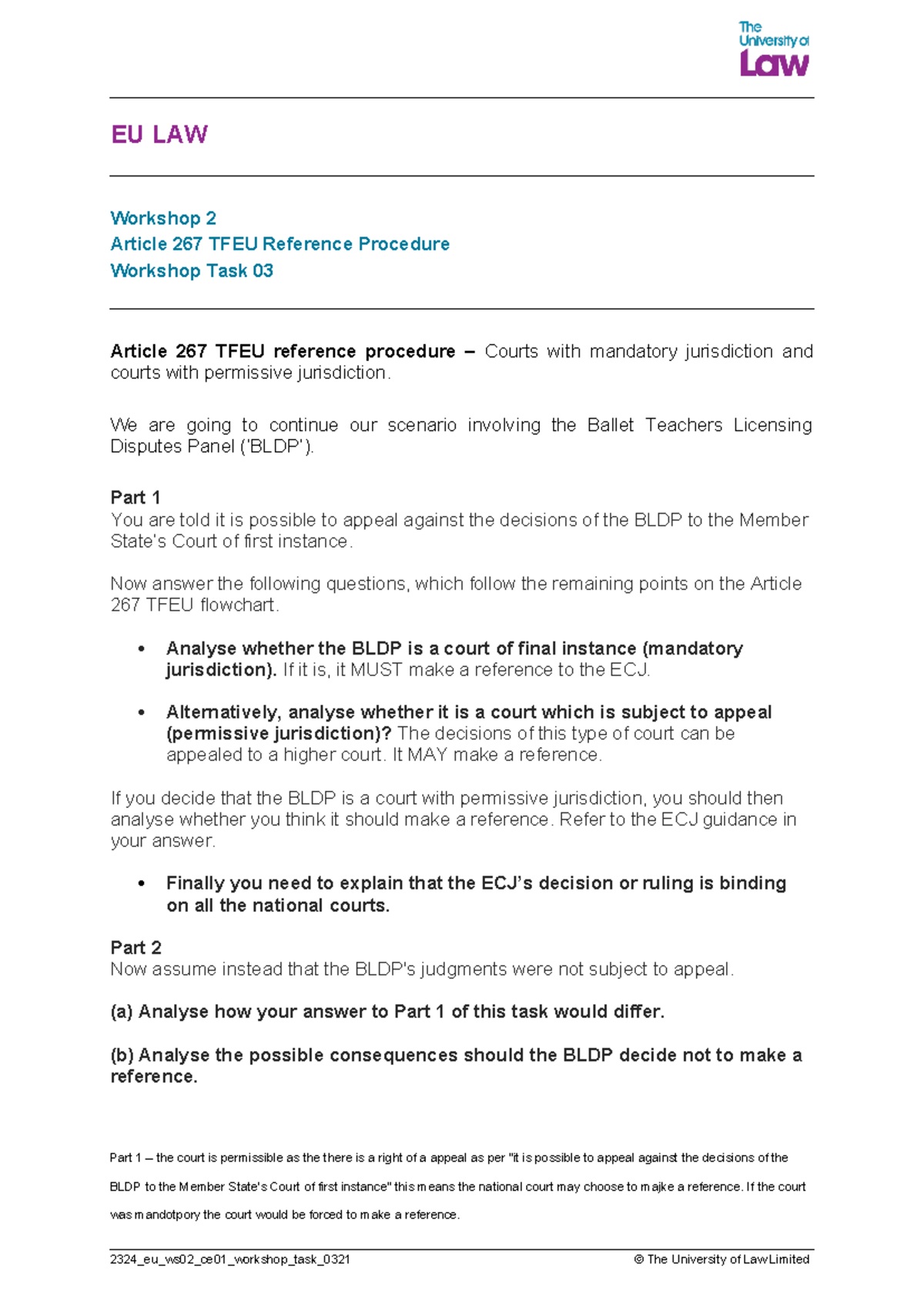 EU WS02 CE01 Workshop Task 03: Analysis of Article 267 TFEU Reference ...