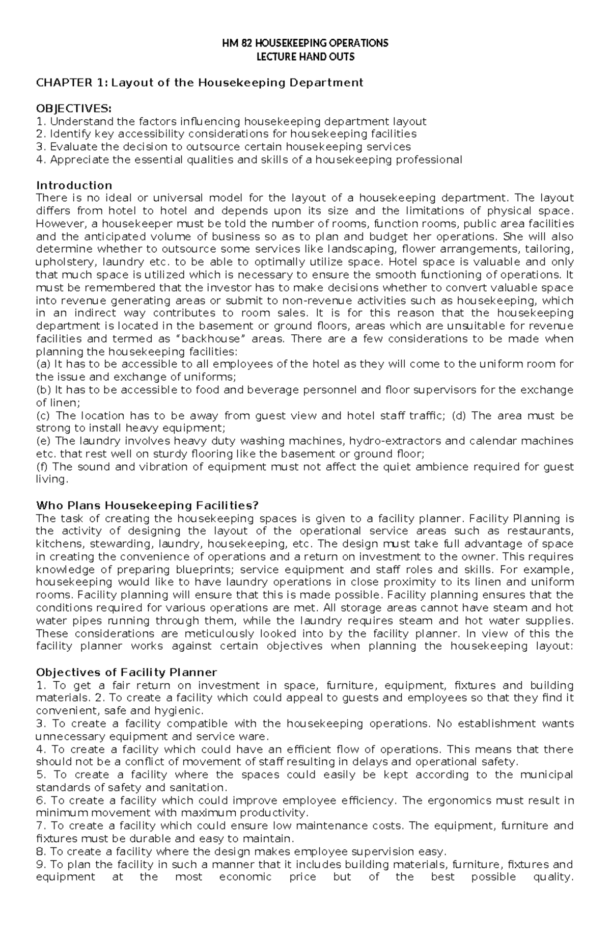 HM 82 Housekeeping Operations Lecture Handouts: Chapter 1 - Layout ...