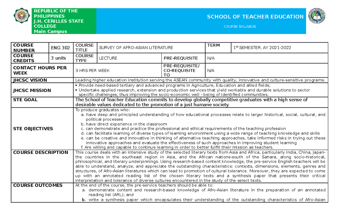 Sylllabus in Survey of Afro Asian Literature - COURSE NUMBER ENG 302 ...