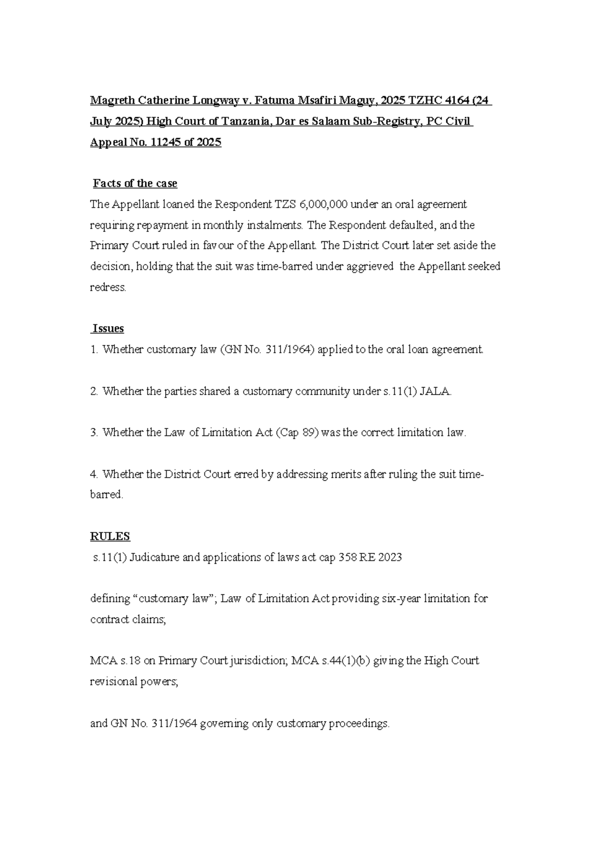 Aisha Case Summary: Magreth Catherine Longway v. Fatuma Msafiri, 2025 ...