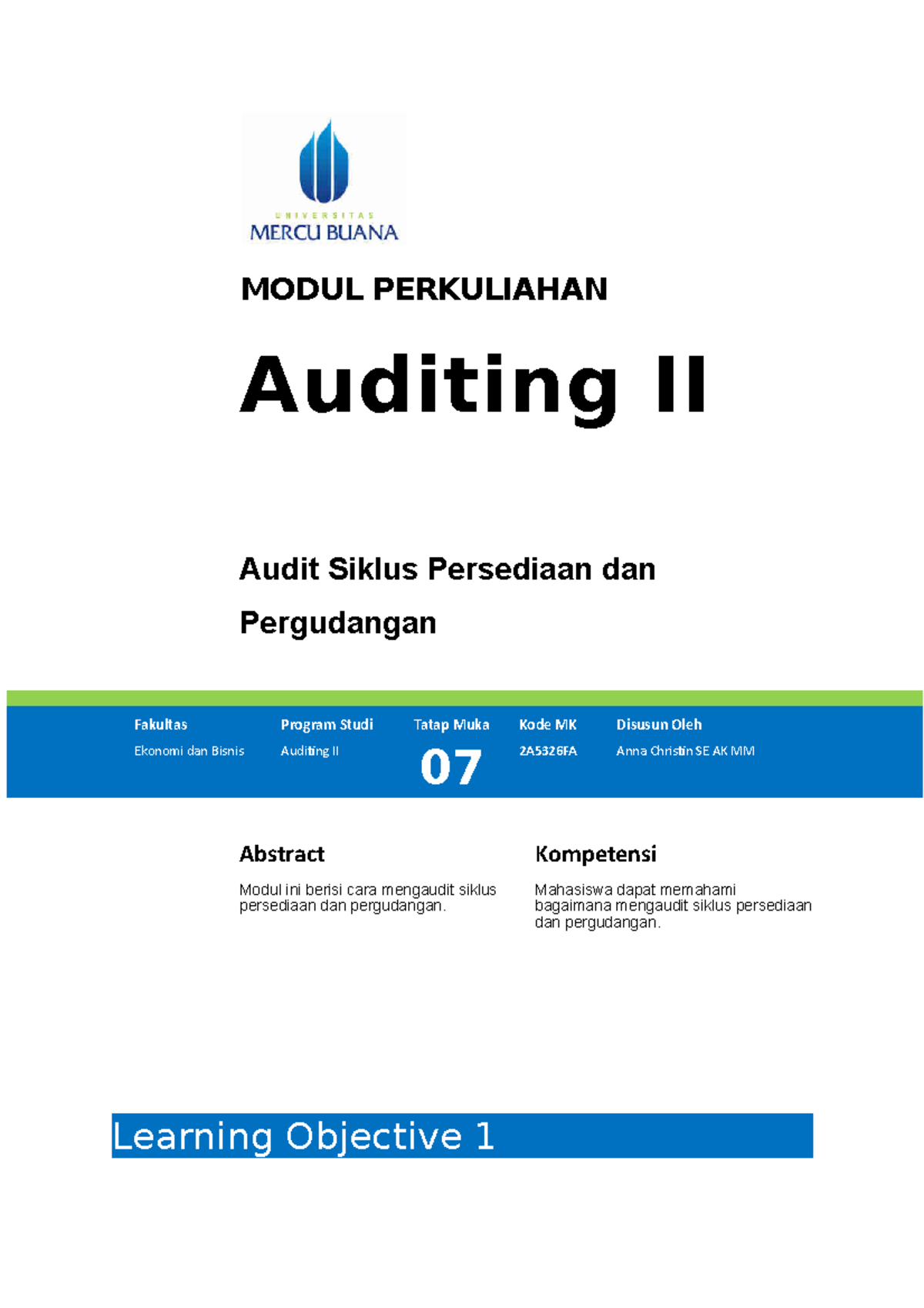 Modul Auditing II [TM7]: Audit Siklus Persediaan dan Pergudangan - Studocu