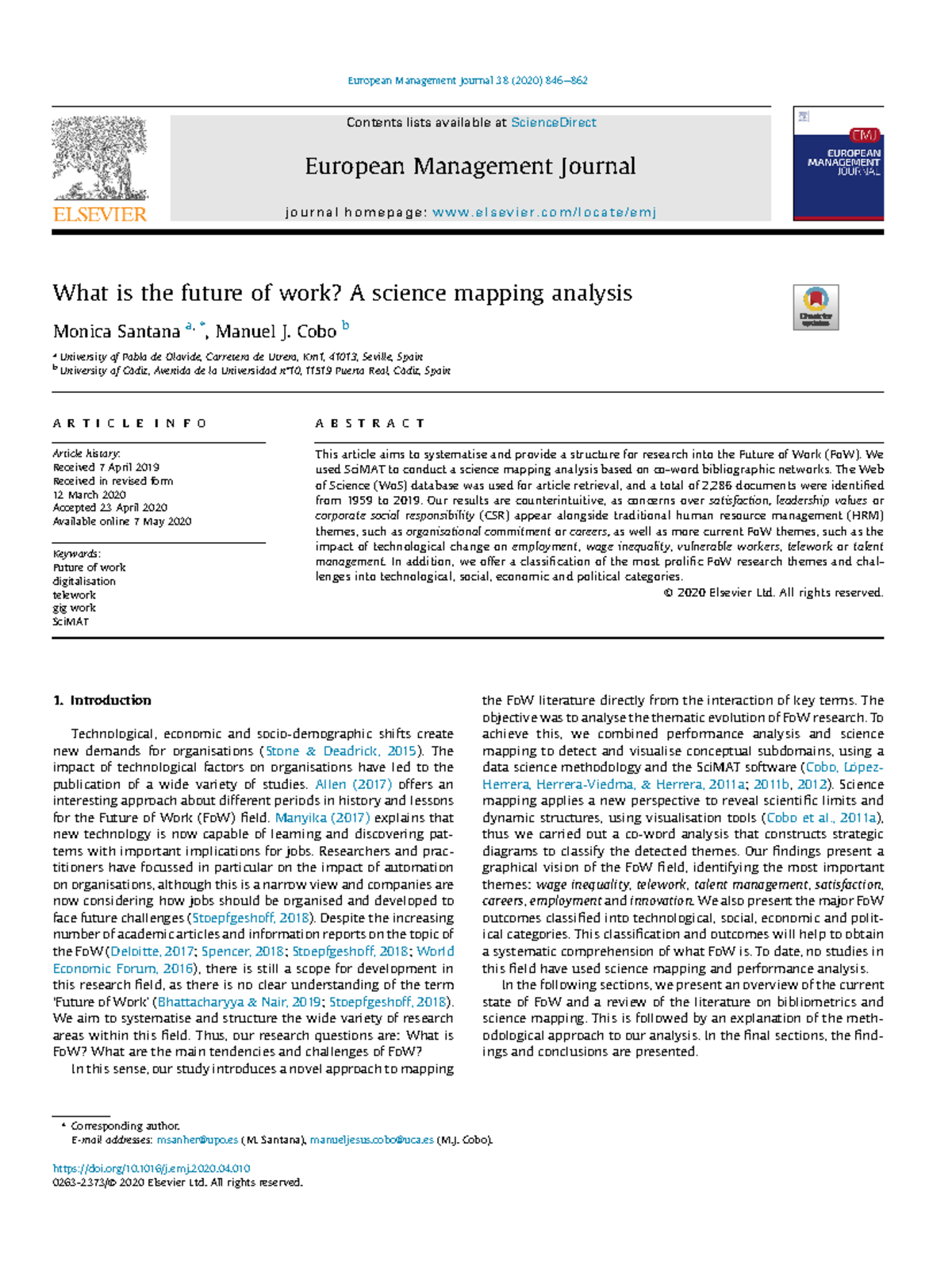 Future of Work Analysis: A SciMAT Approach by Santana & Cobo (2020 ...