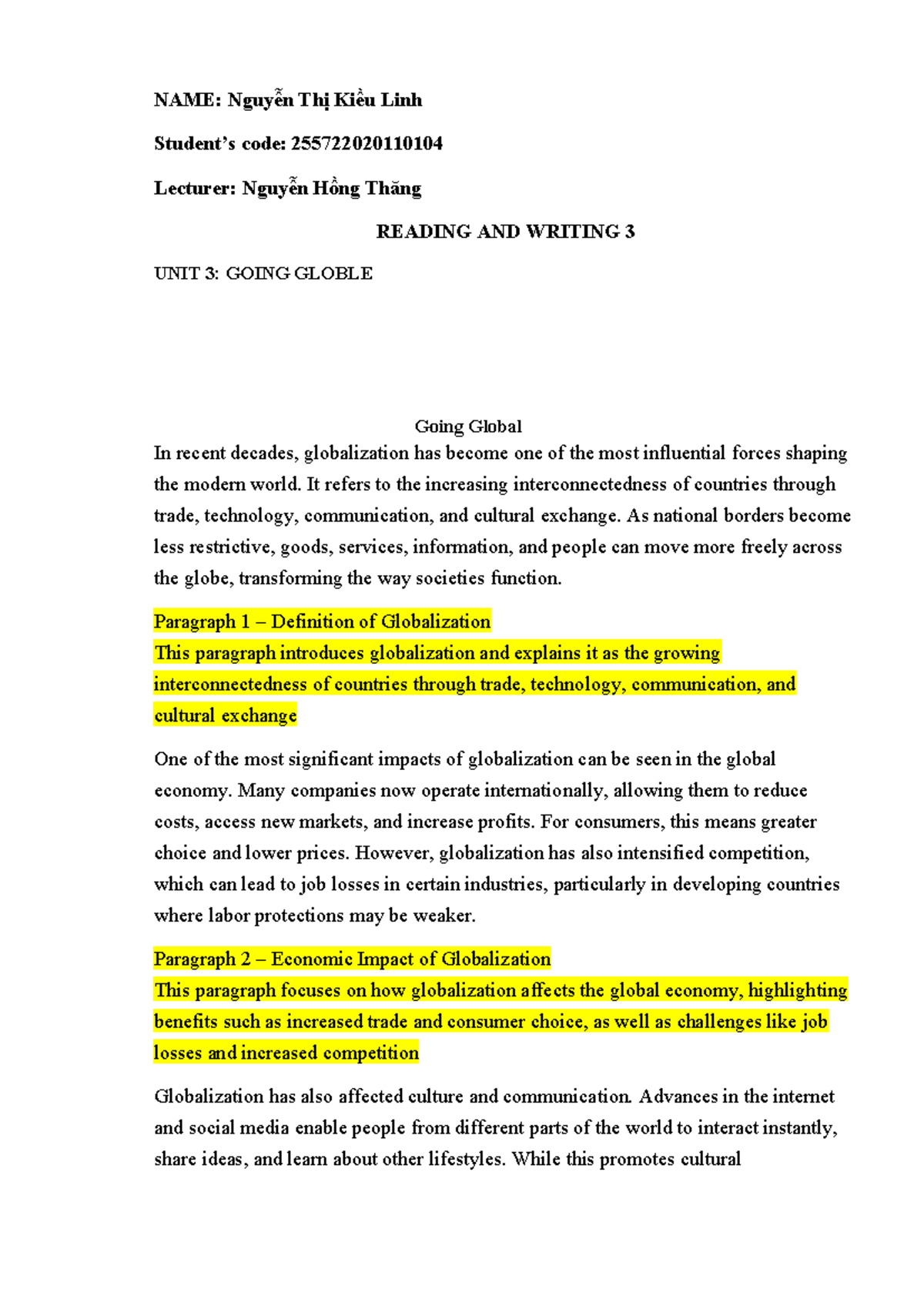 U3 - Globalization: Vocabulary, Grammar, and Mindmap Insights - Studocu