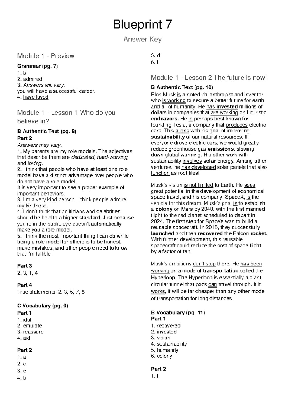 Blueprint 7 Student Book Answer Key: Module 1-8 Solutions - Studocu
