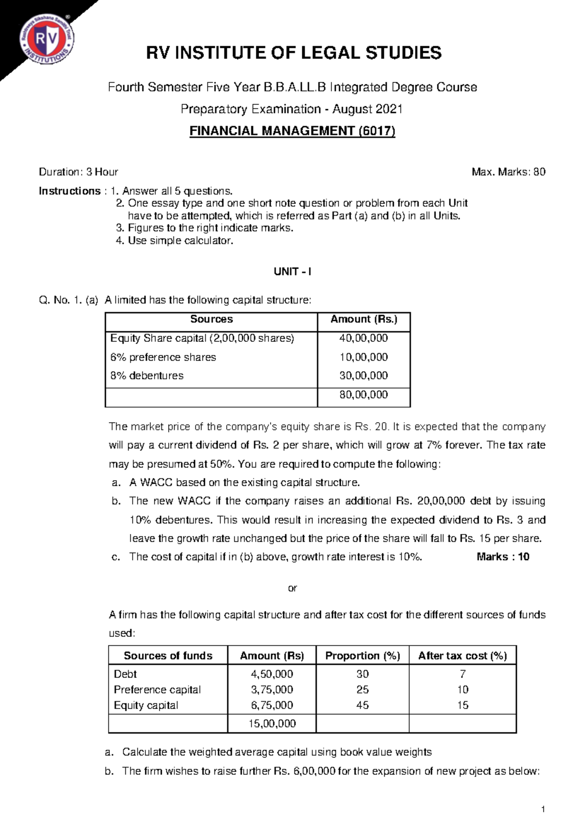 Financial Management Preparatory QUESTION PAPER - RV INSTITUTE OF LEGAL ...