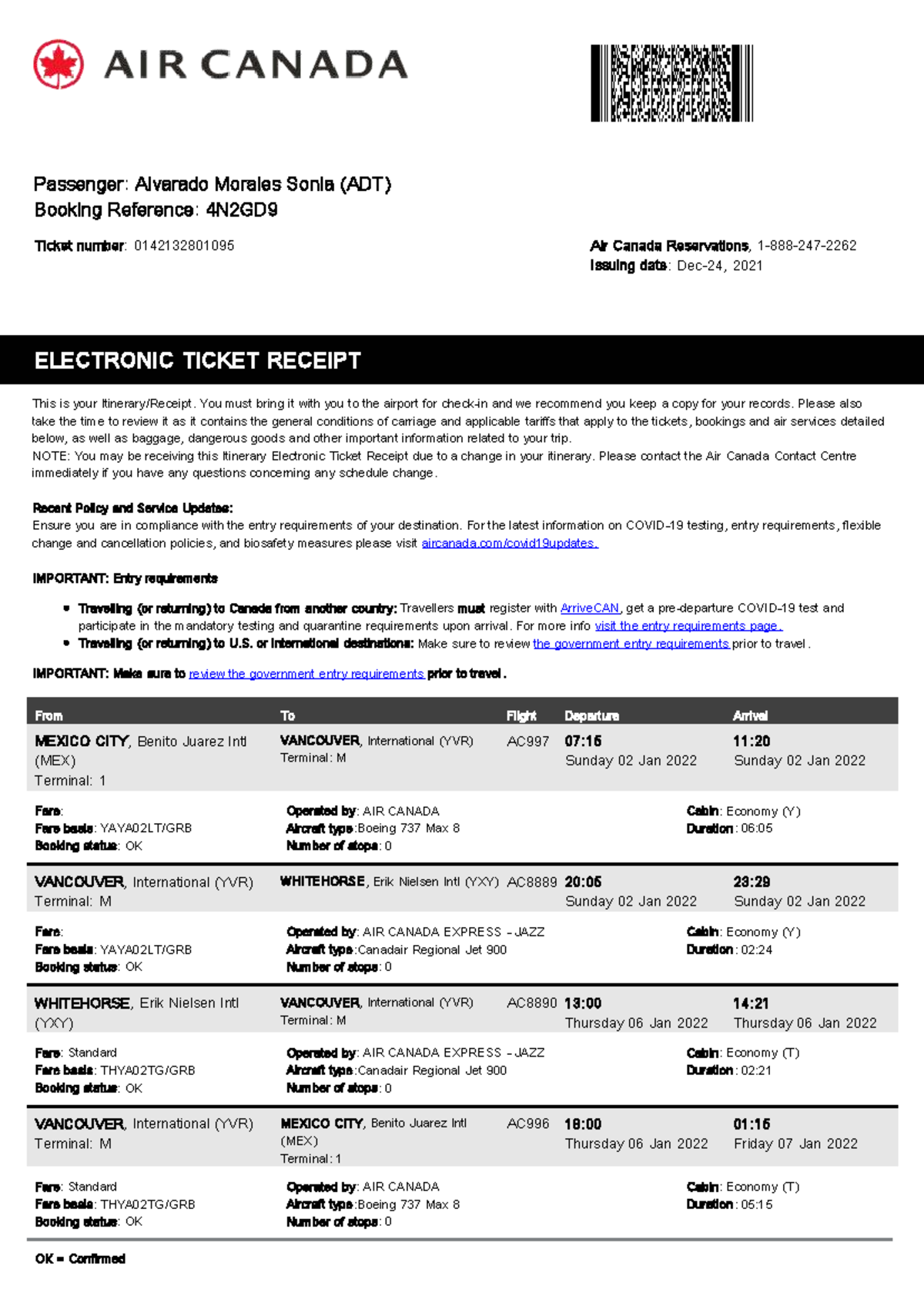 Ticket Receipt for Sonia Alvarado (ADT) - Air Canada Booking - Studocu