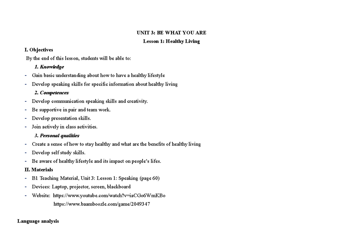 UNIT 3: BE WHAT YOU ARE Lesson 1: Healthy Living Objectives ...