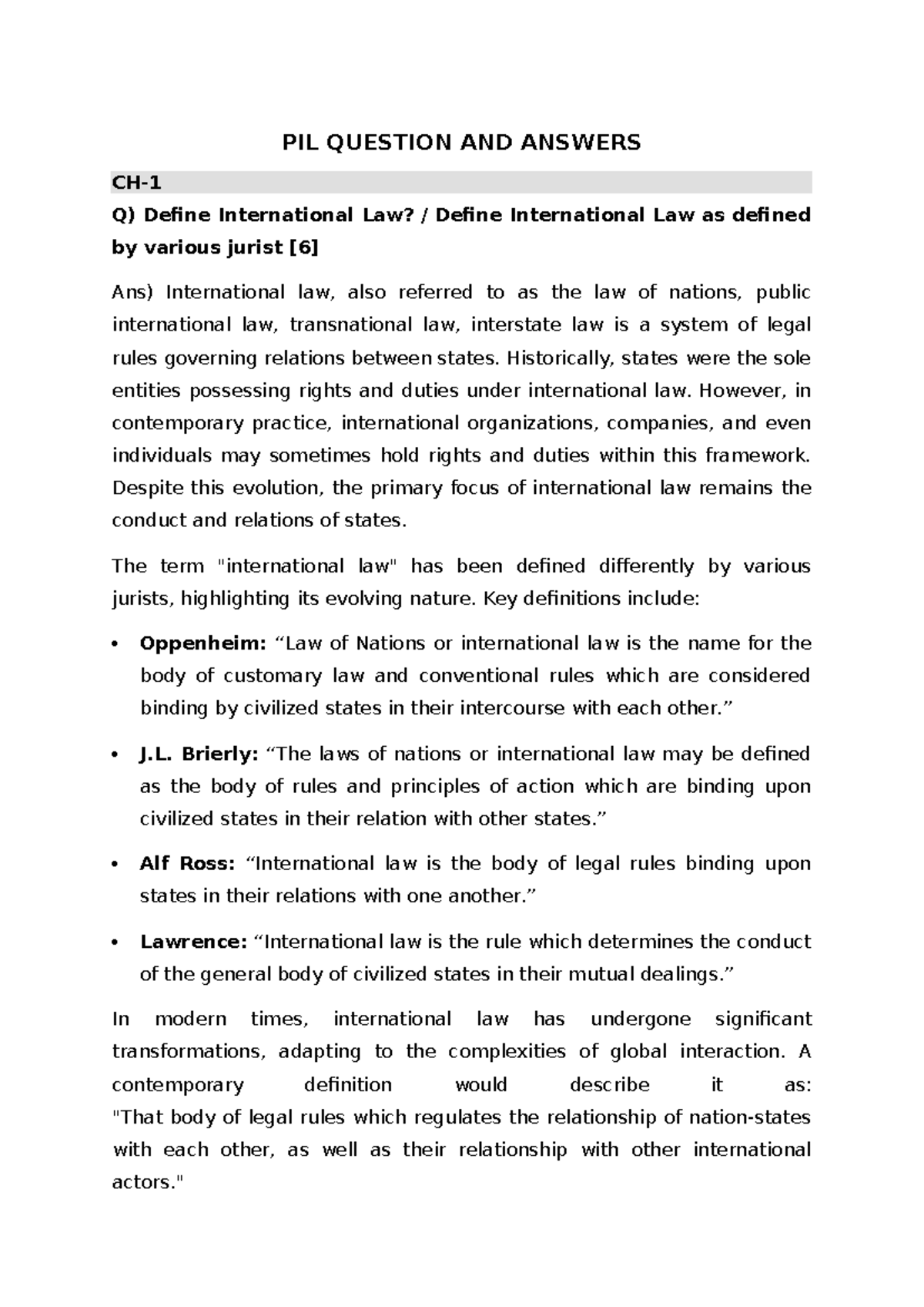 PIL 101: Key Concepts and Definitions in International Law - Studocu