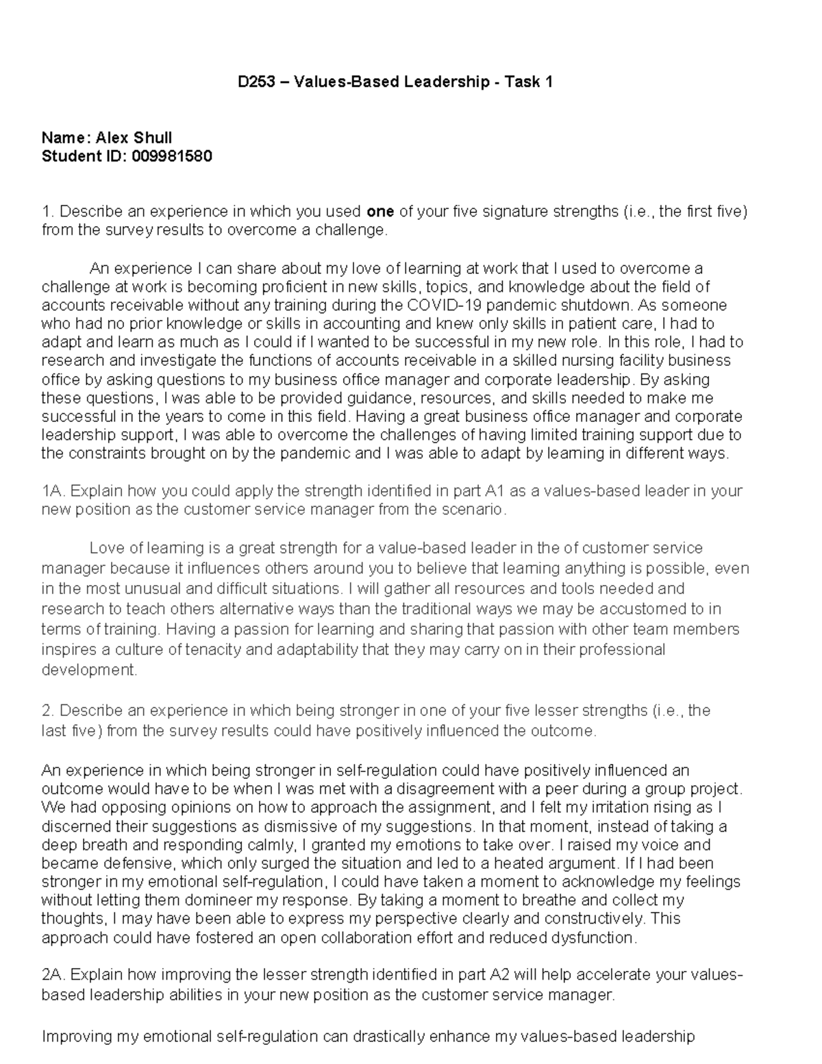 D253 Task 1 - Customer Service Manager essay - D253 – Values-Based ...