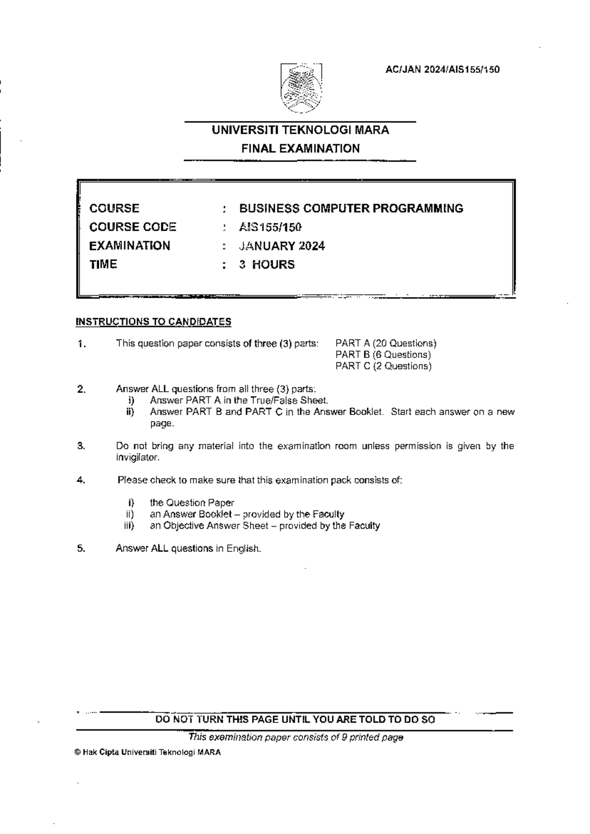 FE AIS155 JAN 24 - Final Exam Paper for Business Computer Programming ...