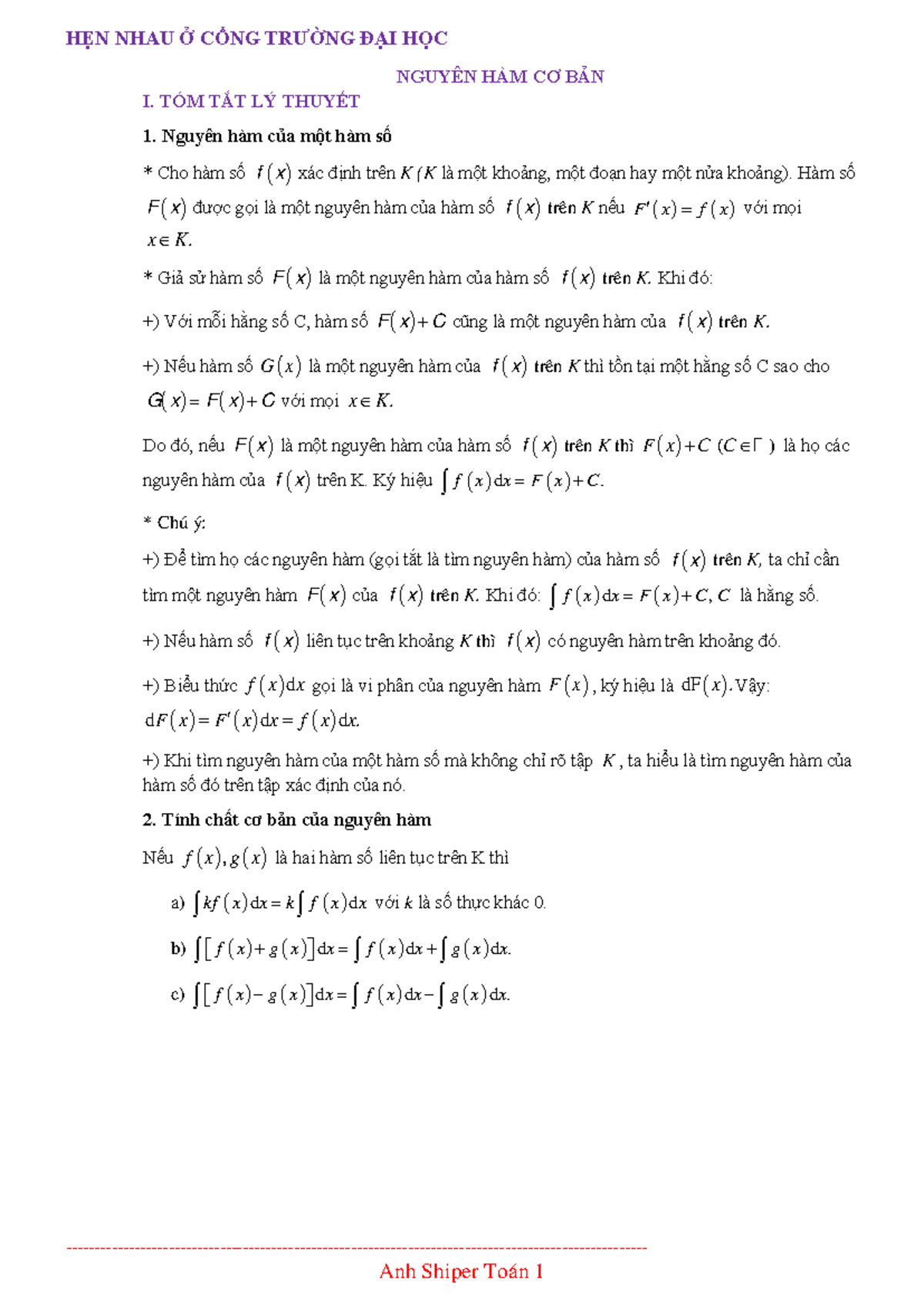 Nguyên Hàm Tích Phân 1 - Tài Liệu Tham Khảo Khóa Học Online - Studocu