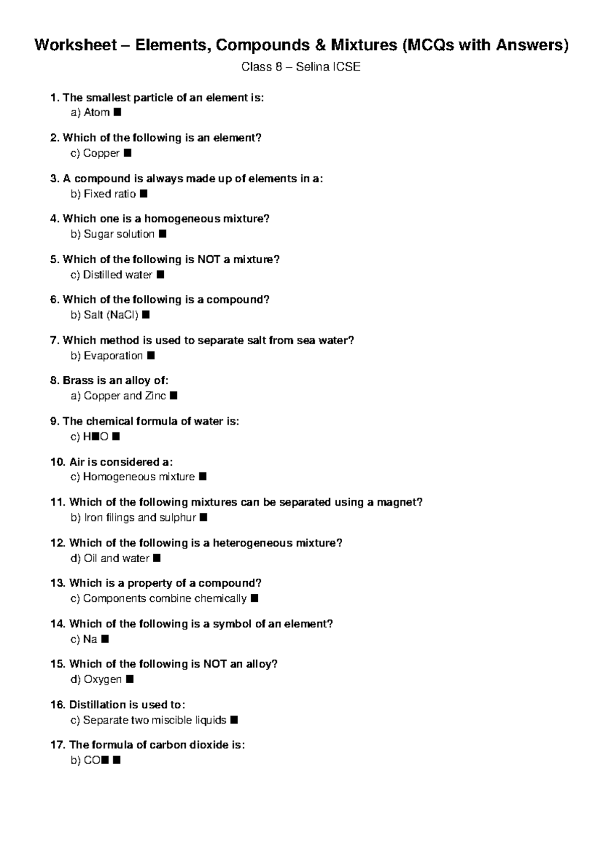 Elements, Compounds & Mixtures MCQs with Answers - Class 8 ICSE - Studocu