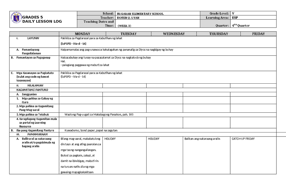 Grade 5 DLL - ESP Q4 Week 2 Daily Lesson Plan - Studocu